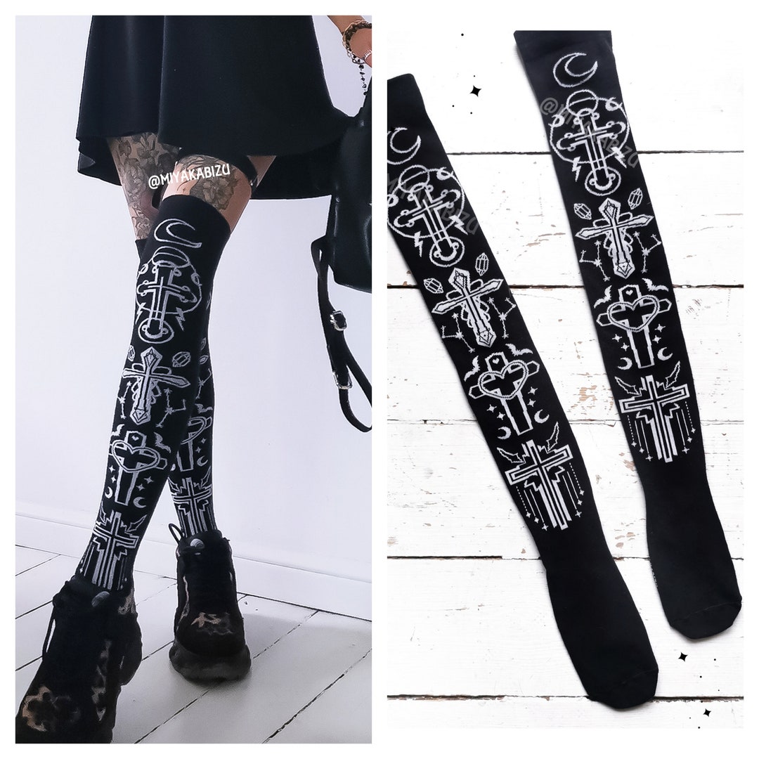 Gothic Overknee High Socks/ Crosses Print/ Pastel Goth Lolita Halloween ...