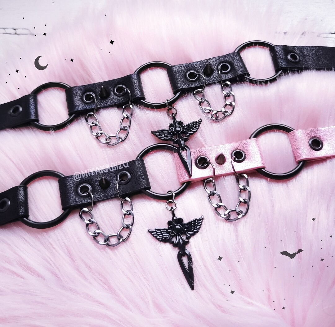 CROSS Collar Choker With Chain O-ring Spikes, Black With Pink, Pastel ...