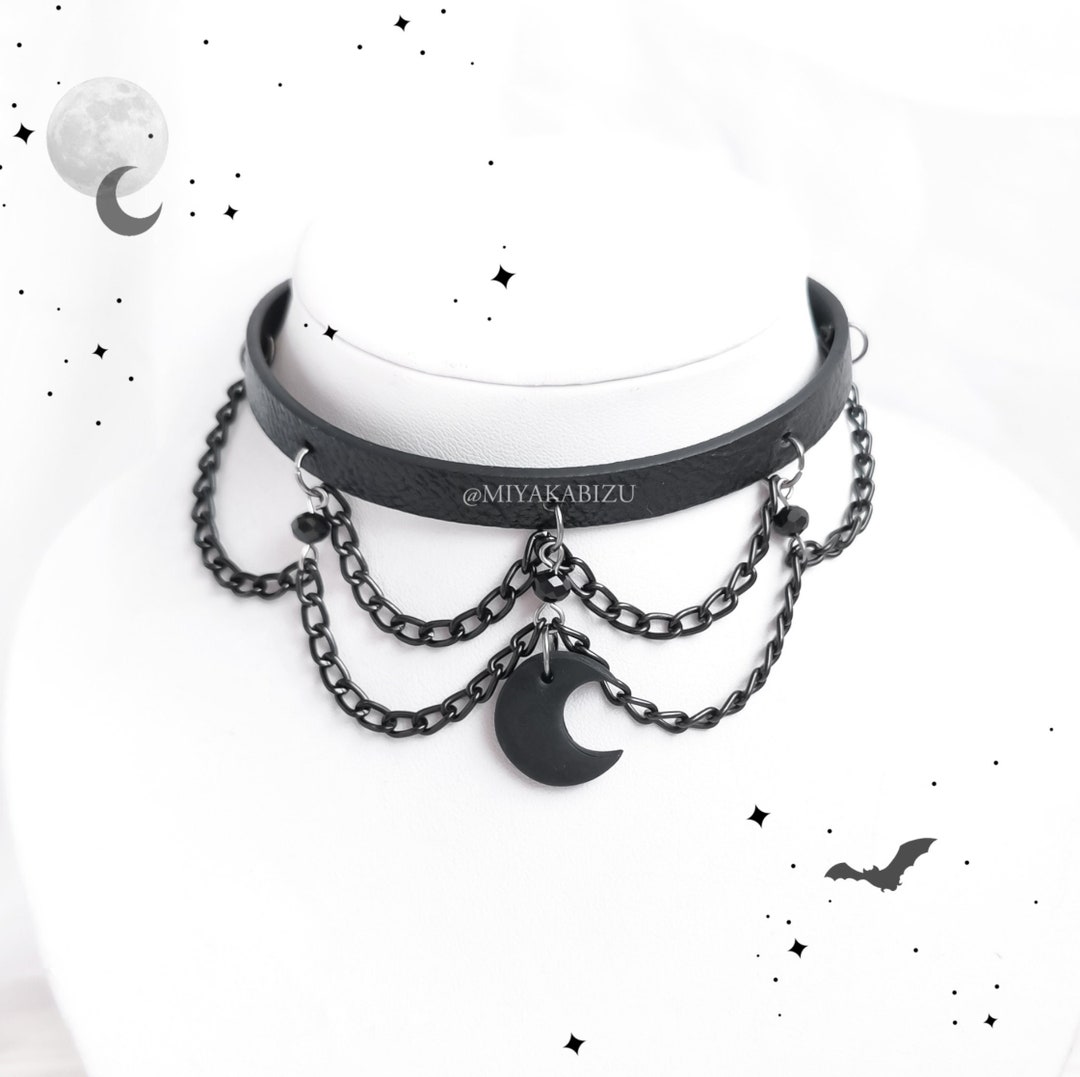 Gothic Moon Choker, Black Collar With Chain, Pastel Goth Cute Necklace ...
