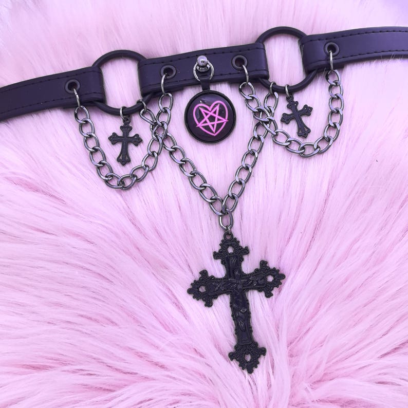 Pastel Goth Choker With Cross Chains – Black & Pink Gothic Necklace ...