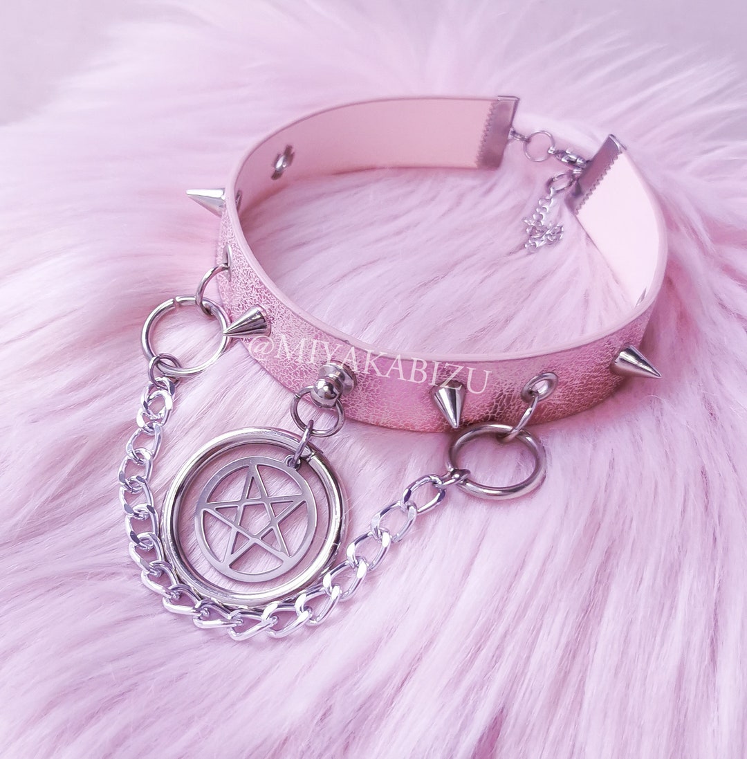 Pink Pastel Goth Choker With Pentagram Oring Chain Spikes. Kawaii Menhera Harajuku Collar. Cute ...