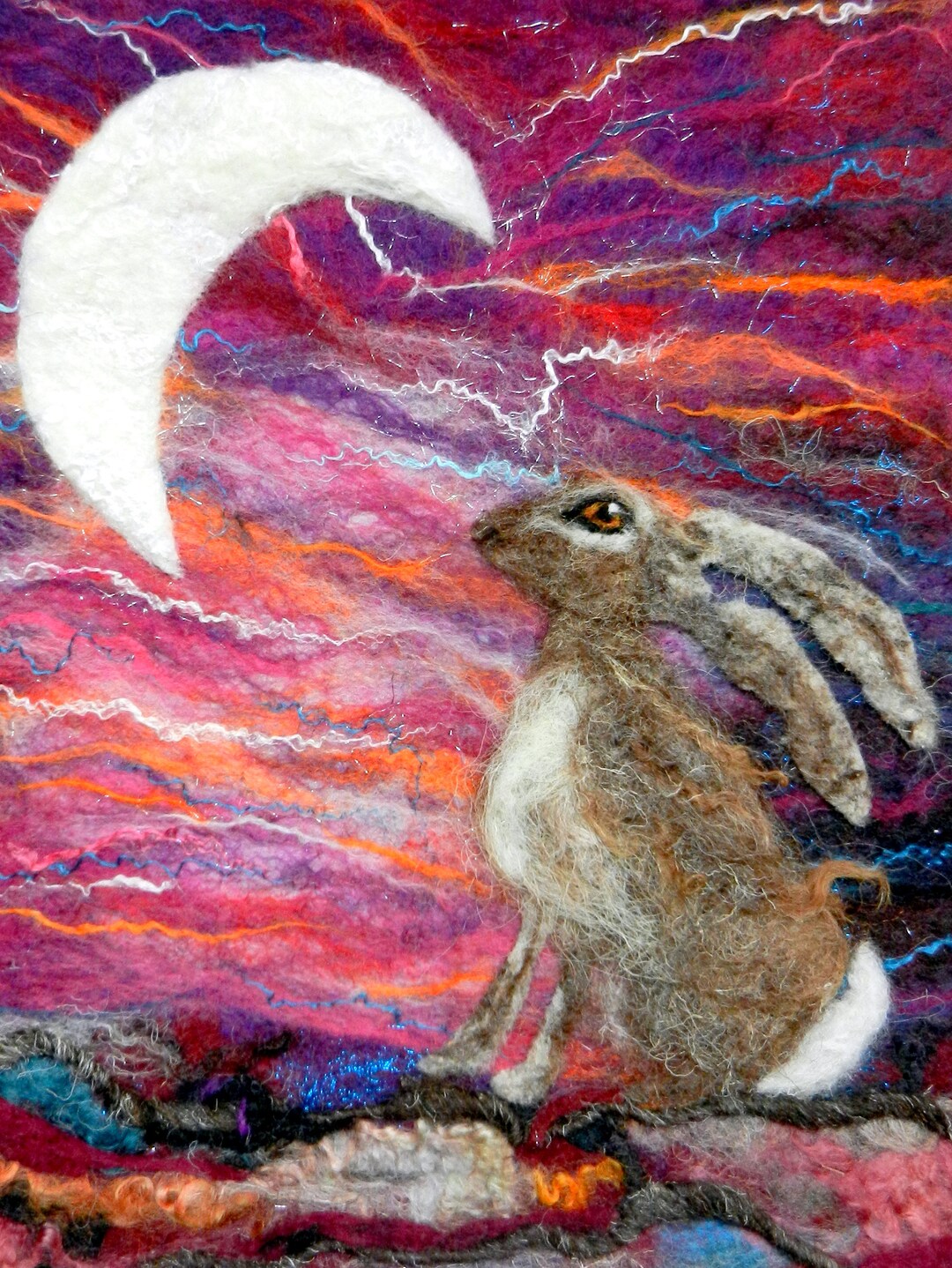 Solstice Moon Gazing Hare - Blank Greetings Card, Hare & Crescent Moon ...