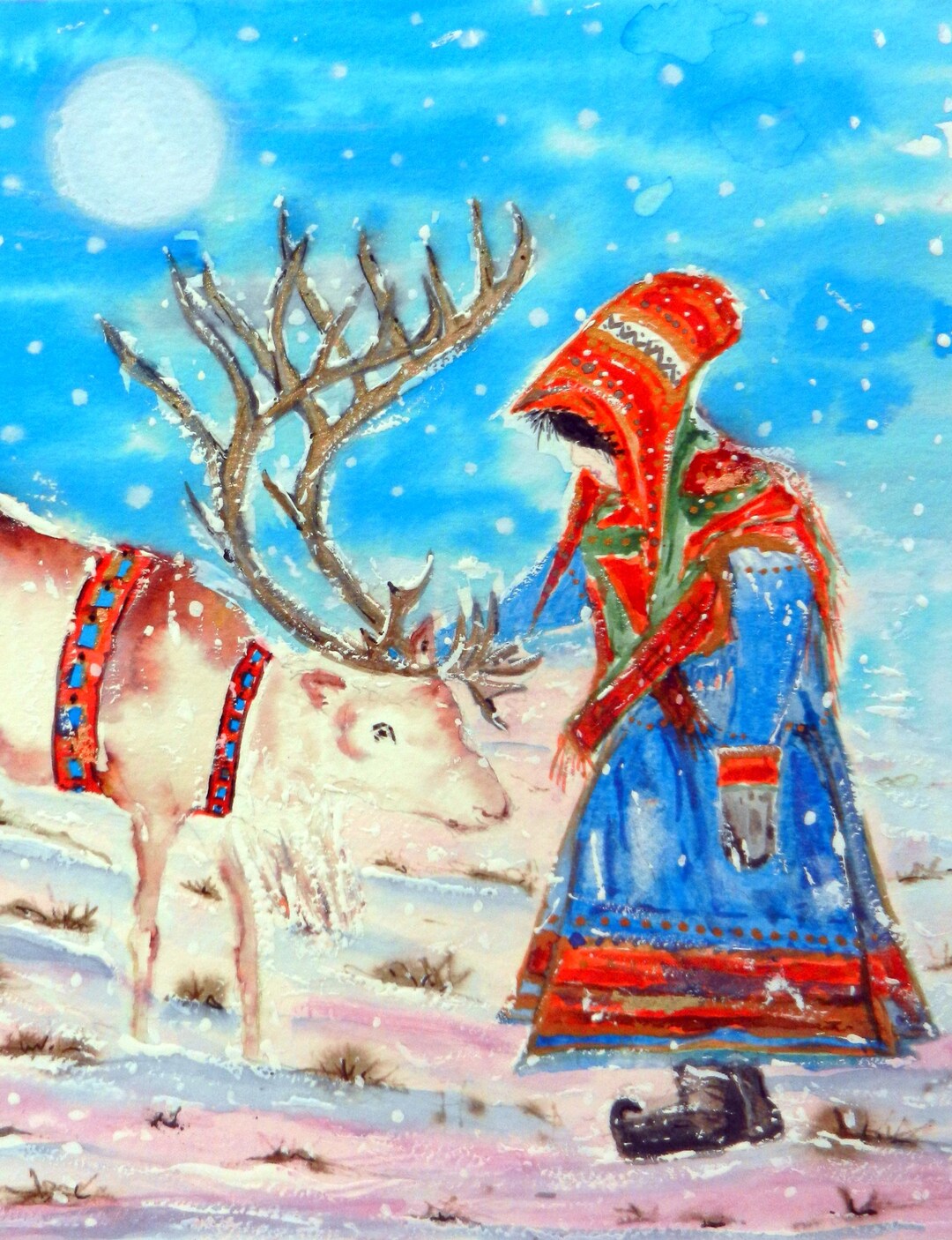 Winter Friends Blank Greetings Card - Reindeer, Sami, Moon, Snow - Etsy