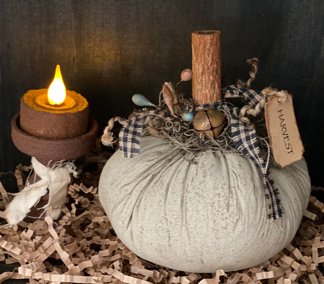 Primitive Tan Pumpkin With Farmhouse Teal Berries Ornie / Bowl Filler ...