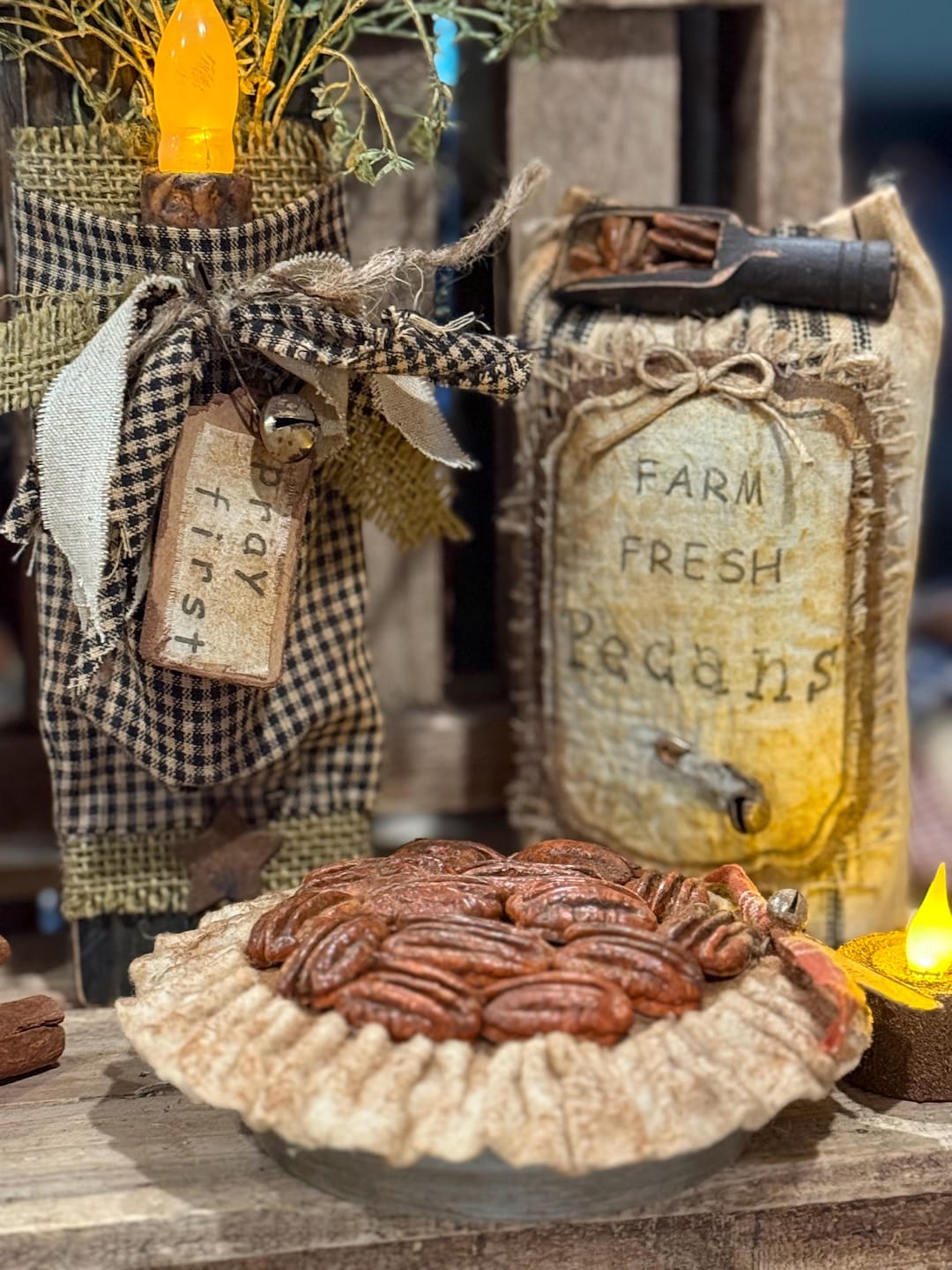 Primitive Faux Fresh Pecan Sack and Faux Mini Pecan Pie Set - Etsy