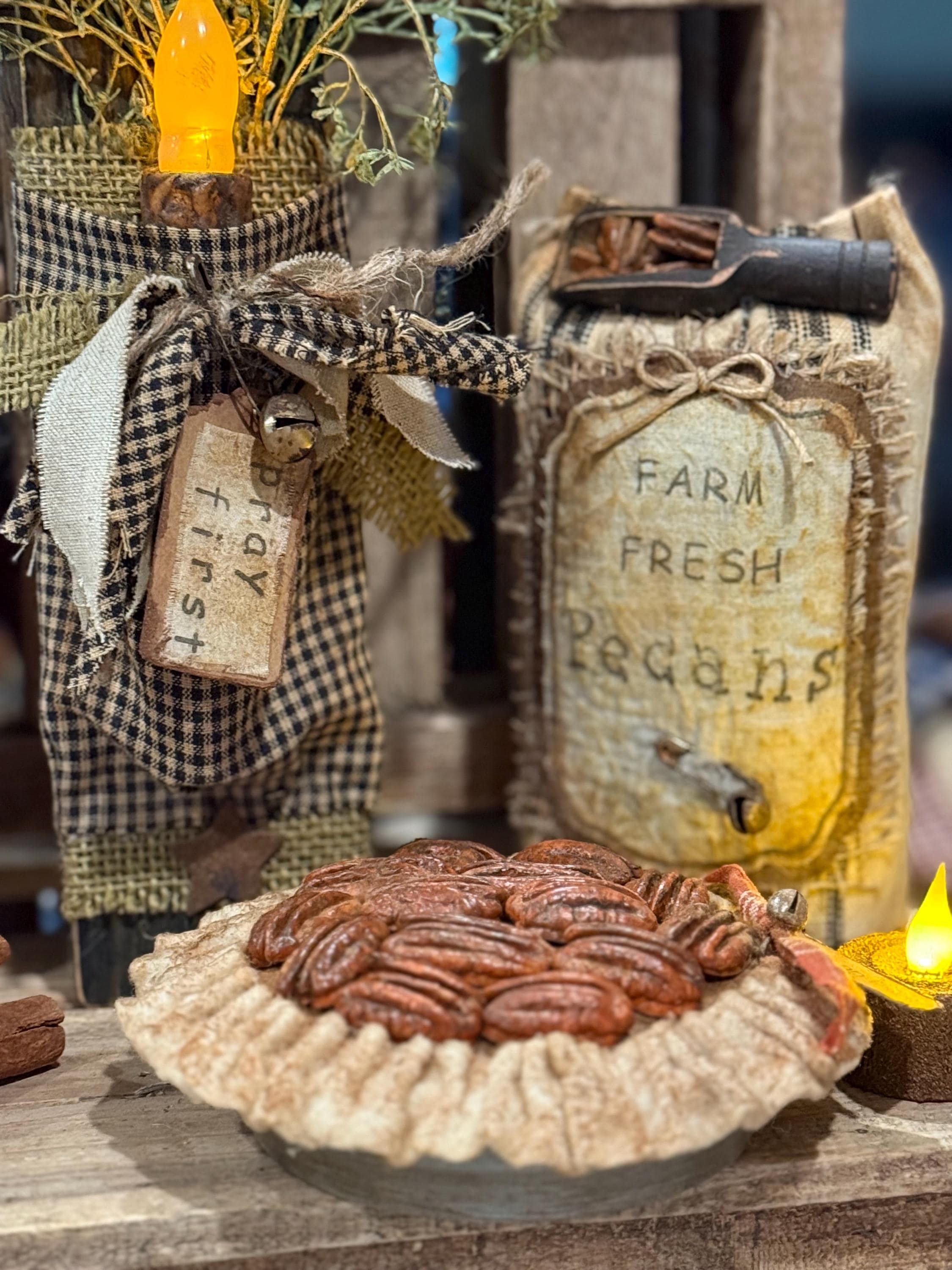 Primitive Faux Fresh Pecan Sack and Faux Mini Pecan Pie Set - Etsy