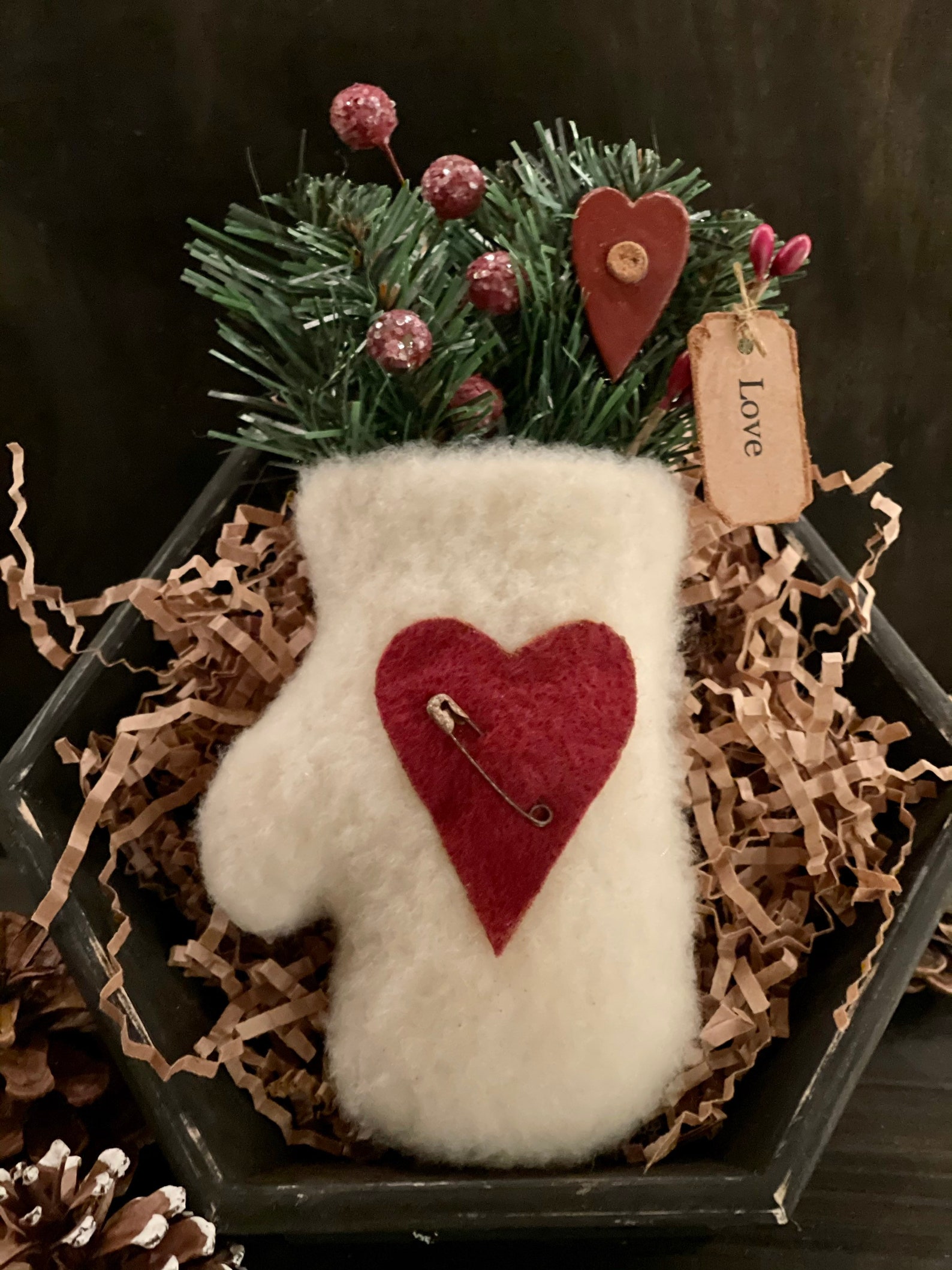 Primitive Winter White Valentines Day Mitten Ornie or Bowl - Etsy