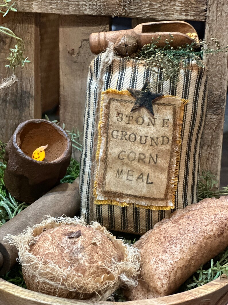 Primitive Stone Ground Corn Meal Sack Bowl Filler / Tiered Tray Decor ...