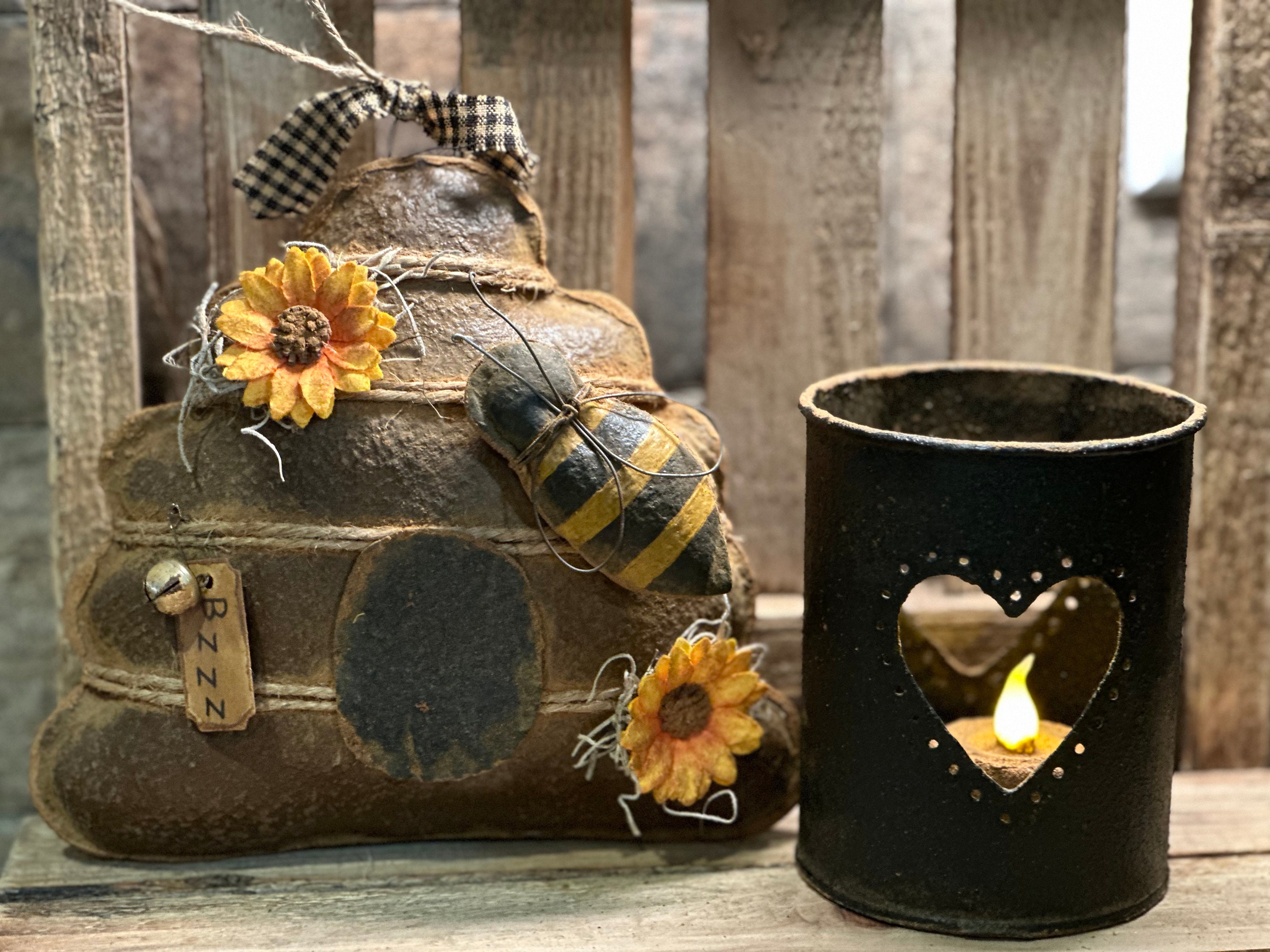 Primitive Bee Skep With Bee and Sunflowers Large Bowl Filler / - Etsy