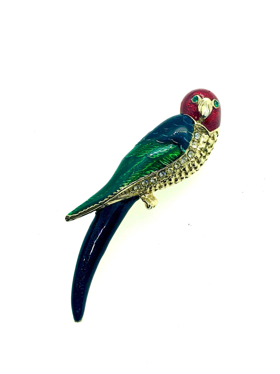 Bird Brooch, Enamel and Rhinestone Parrot Pin, Vintage Goldtone Blue ...