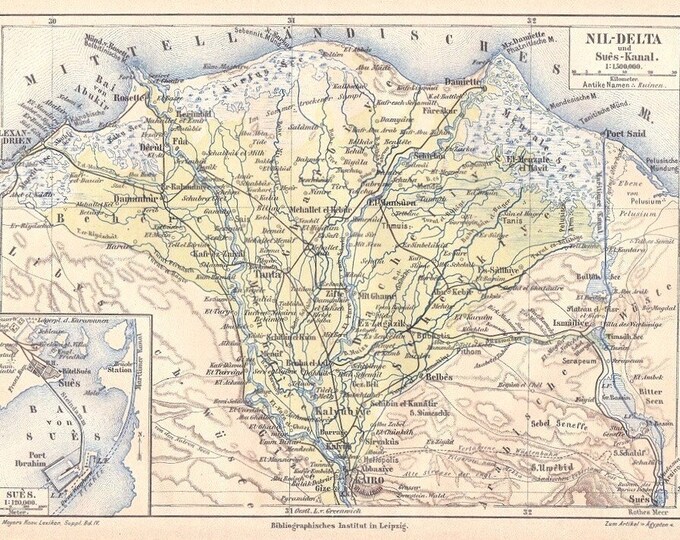 1884 FANTASTIC Map of the NILE DELTA, Egypt With Section Map of Gulf of ...
