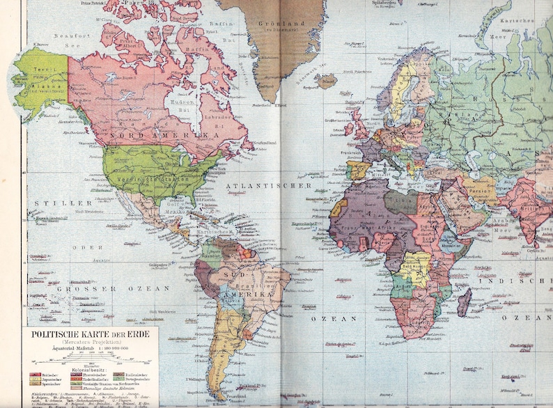 1927 WORLD CHART - Mercator Projection of the Earth, Political Map of ...