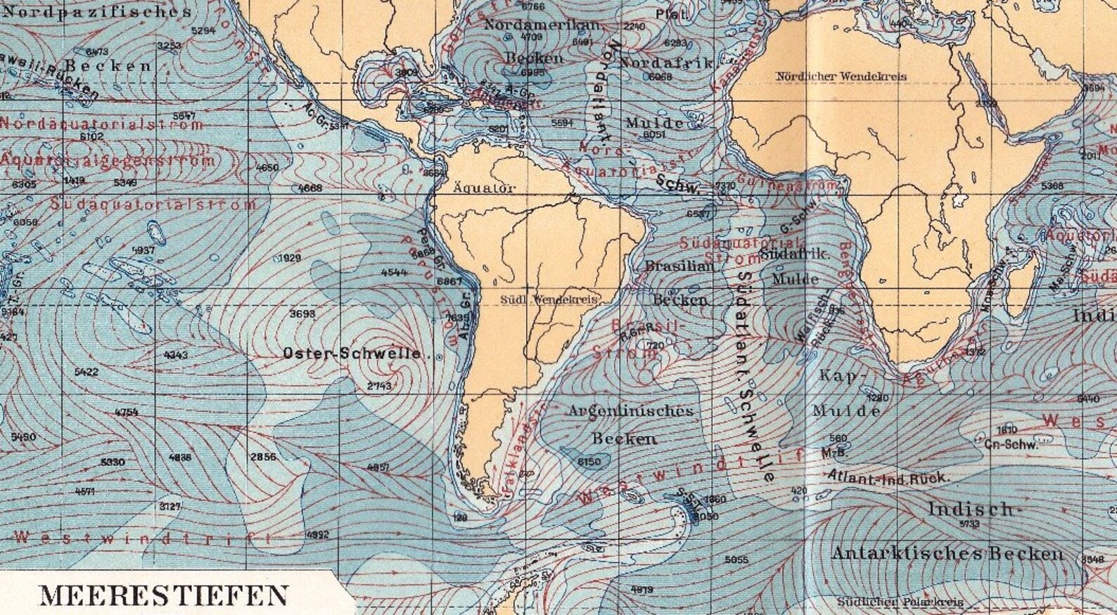 1927 WARM and Cold OCEAN CURRENTS of the World Seas With Depth Figures ...