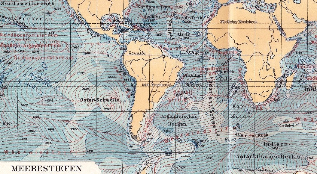 1927 WARM and Cold OCEAN CURRENTS of the World Seas With Depth Figures ...