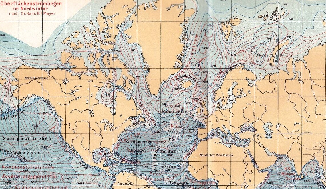 1927 WARM and Cold OCEAN CURRENTS of the World Seas With Depth Figures ...