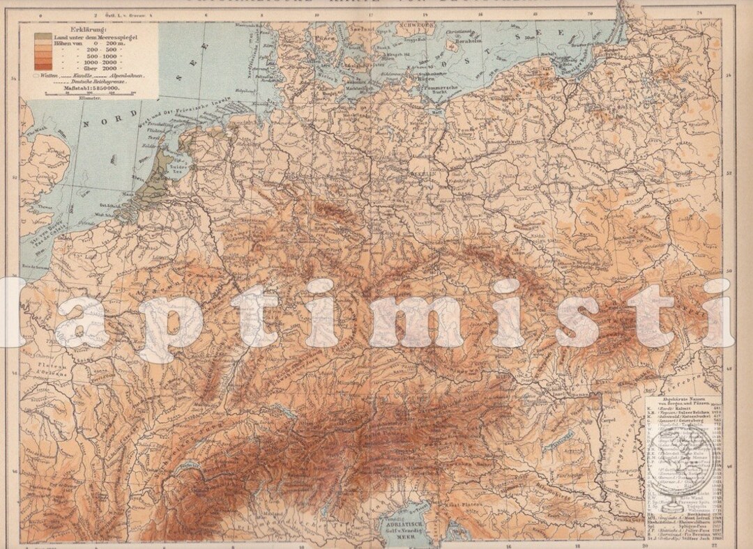 1898 Geographical Map of Germany and the Alps at the End of the 19th ...