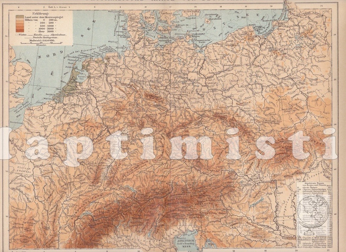 1898 Geographical Map of Germany and the Alps at the End of the 19th ...