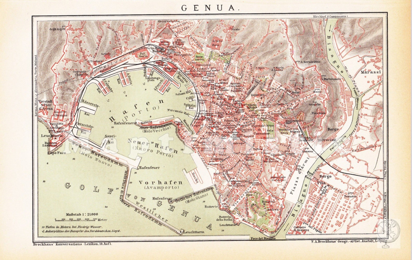 1898 City Map GENOVA With the PORT, Liguria ITALY at the End of the ...