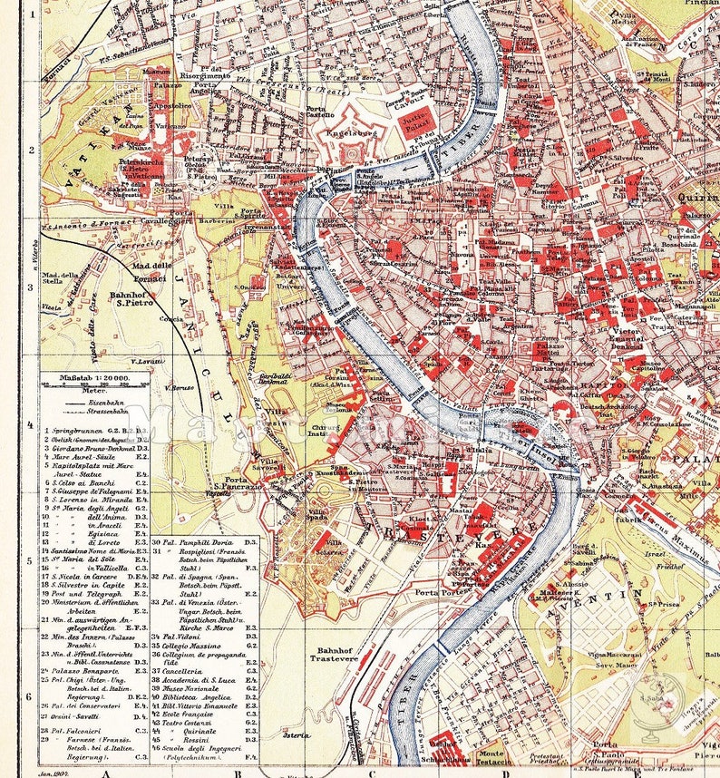1904 Stadtplan von Rom mit dem Vatikan, dem Forum Romanum und dem ...