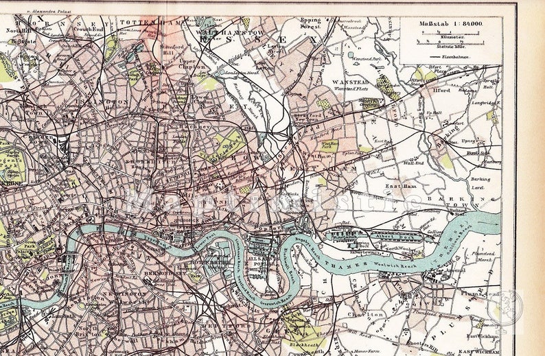 1895 City of London With the River Thames West End, Fulham, the City ...