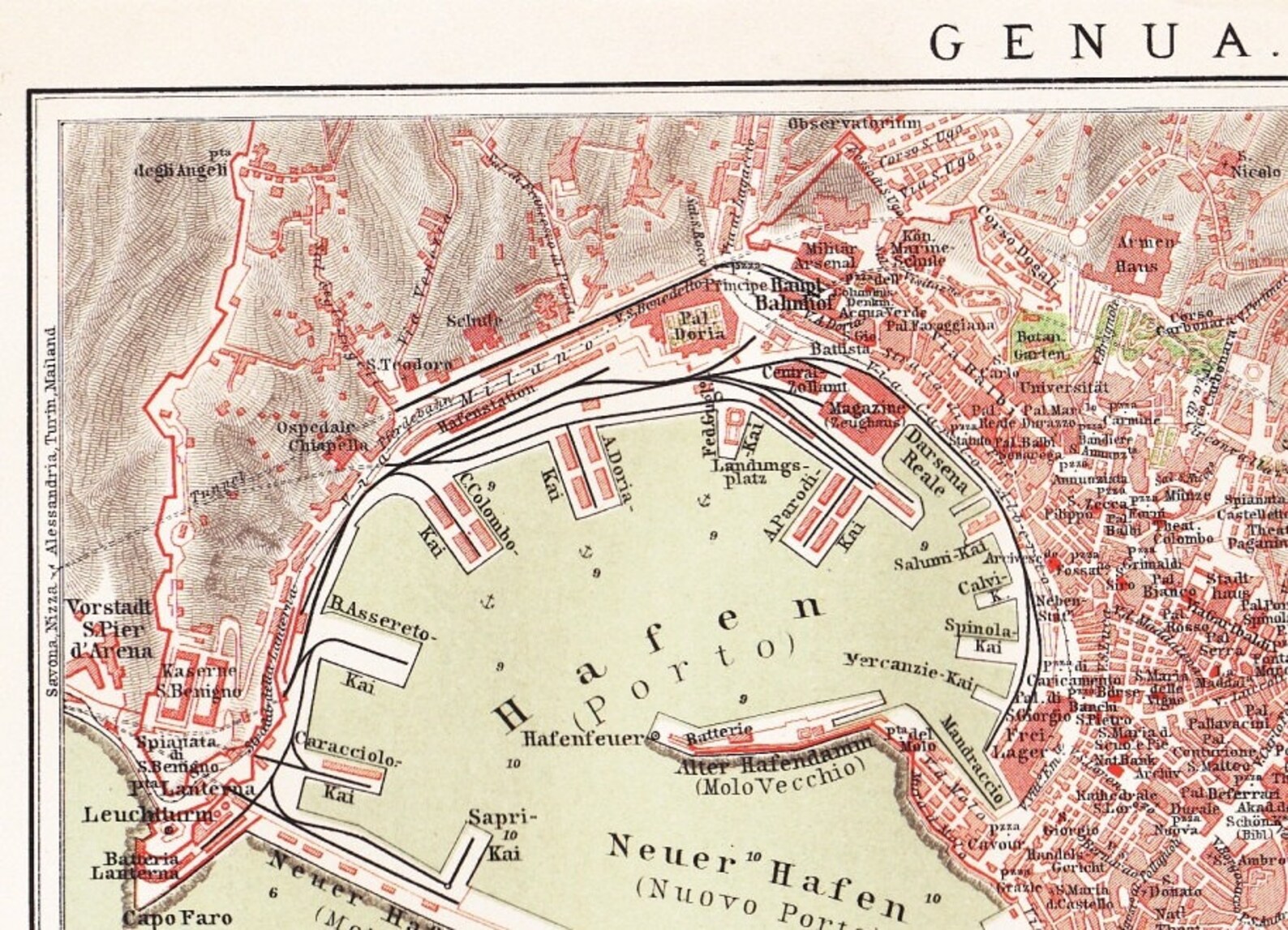 1898 City Map GENOVA With the PORT, Liguria ITALY at the End of the ...