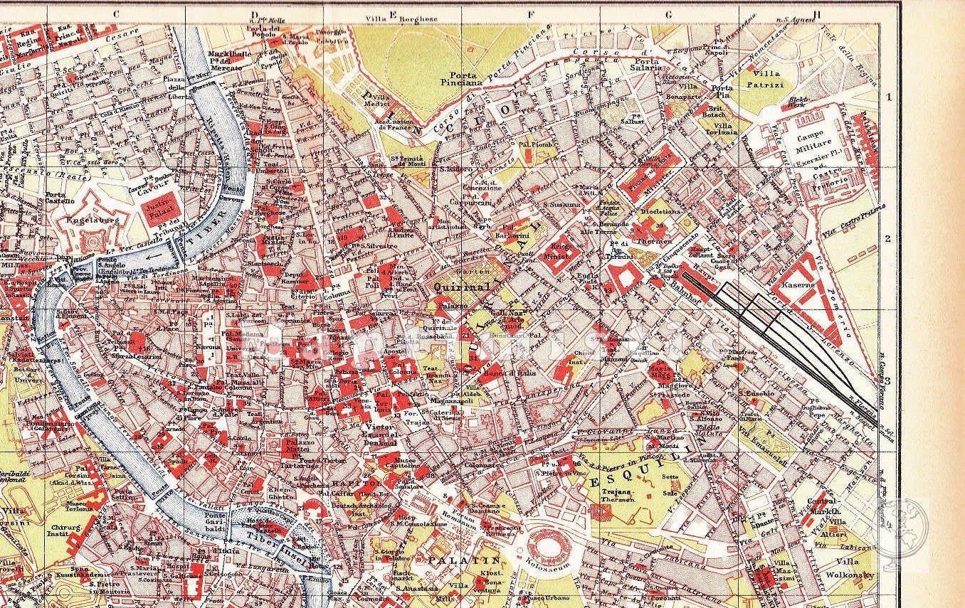 1904 Stadtplan von Rom mit dem Vatikan, dem Forum Romanum und dem ...
