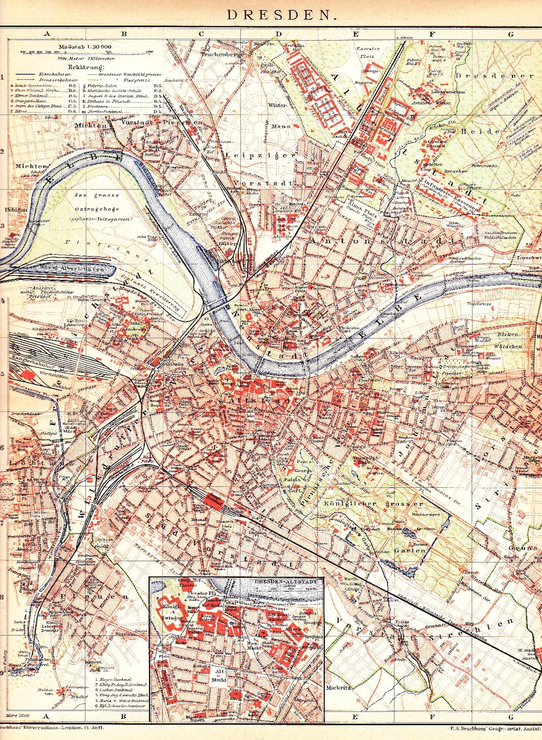 1899 CITY Map of DRESDEN, Kingdom of Saxony, German Empire, Old Town ...