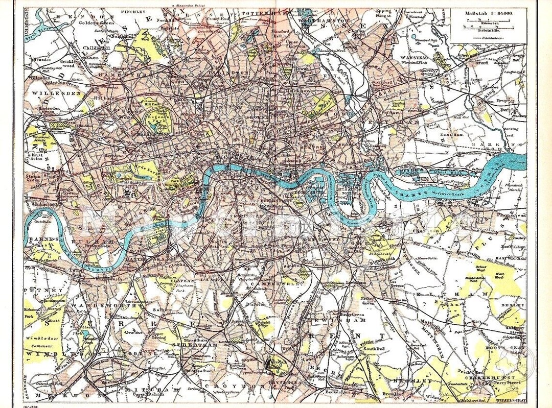 1898 LONDON & the THAMES With the Suburbs Around 1898, Middlesex ...