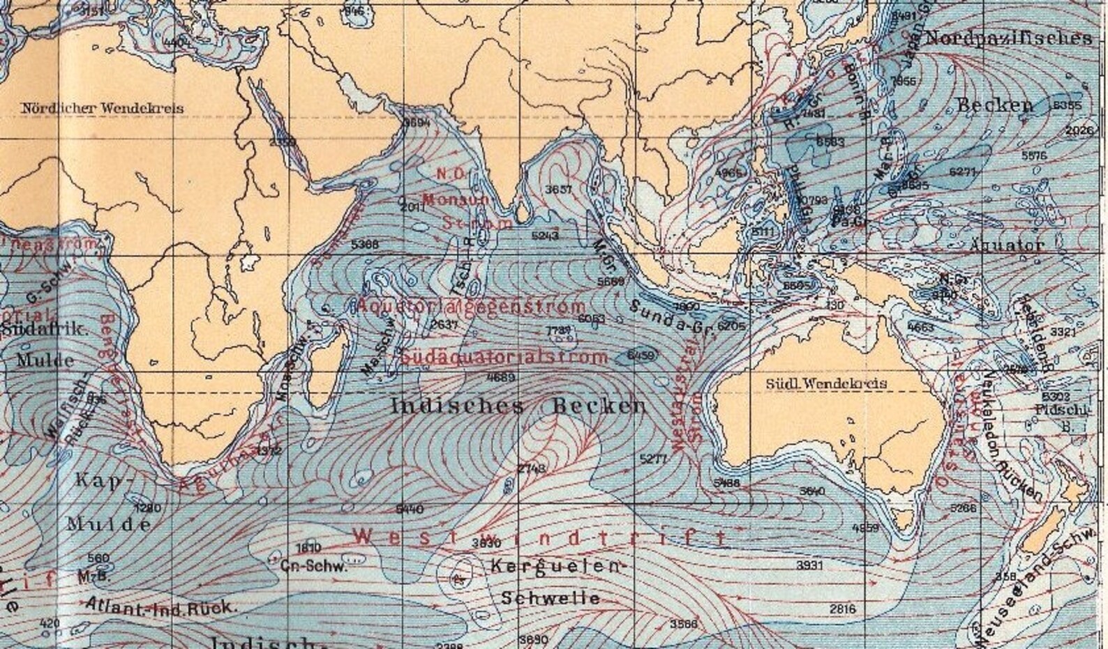 1927 WARM and Cold OCEAN CURRENTS of the World Seas With Depth Figures ...