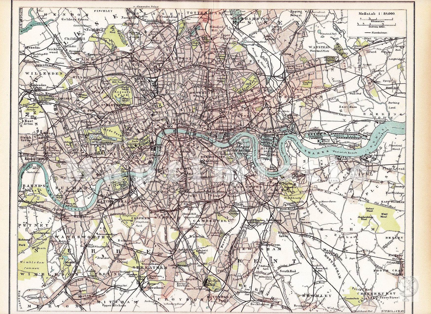 1895 City of London With the River Thames West End, Fulham, the City ...