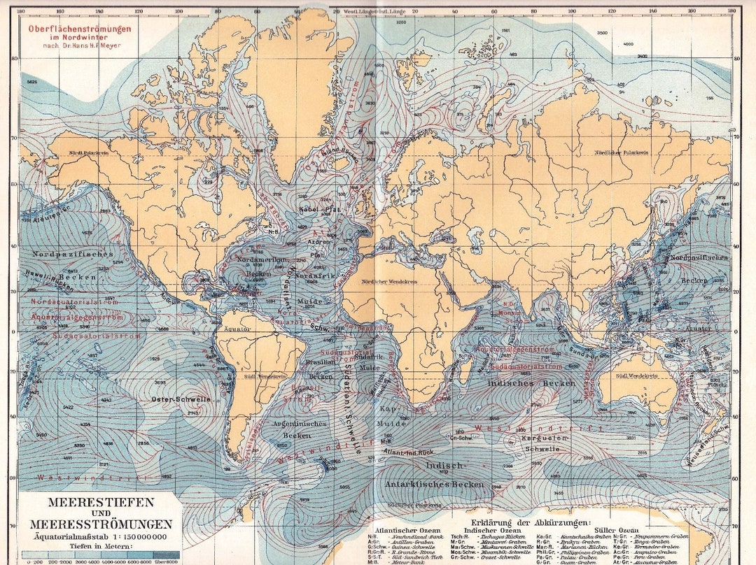 1927 WARM and Cold OCEAN CURRENTS of the World Seas With Depth Figures ...