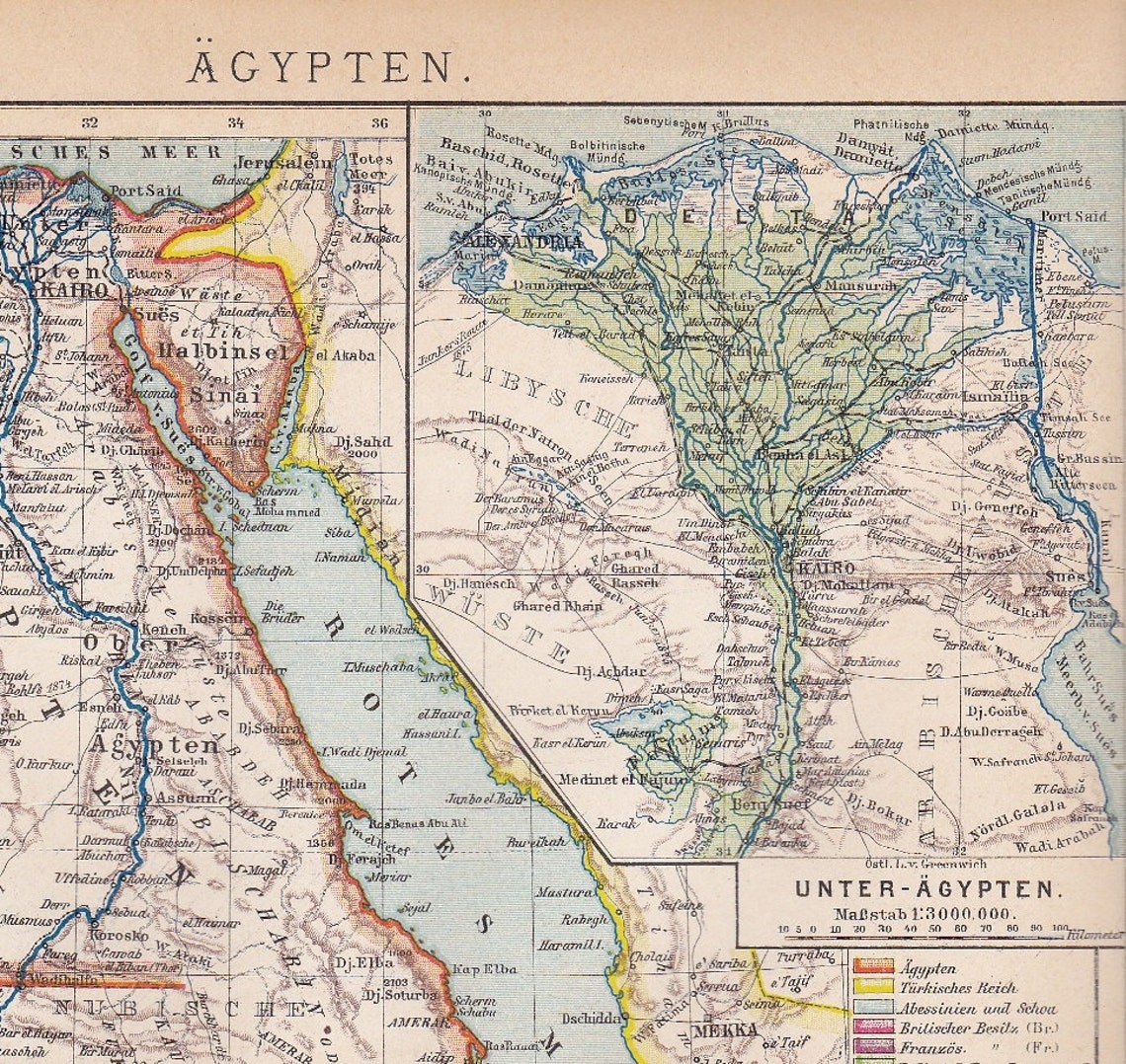 1898 Egypt, North Africa With Section Map of River Nile Delta at the ...