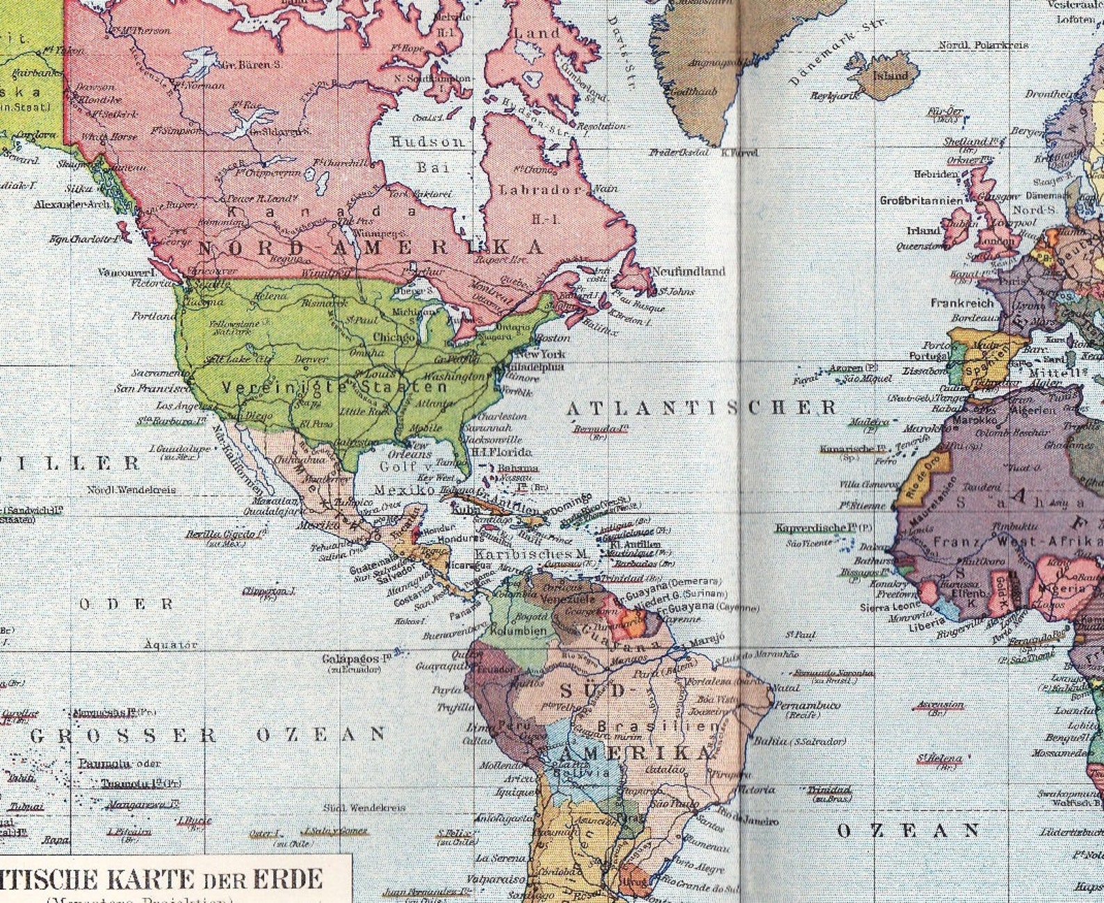 1927 WORLD CHART - Mercator Projection of the Earth, Political Map of ...