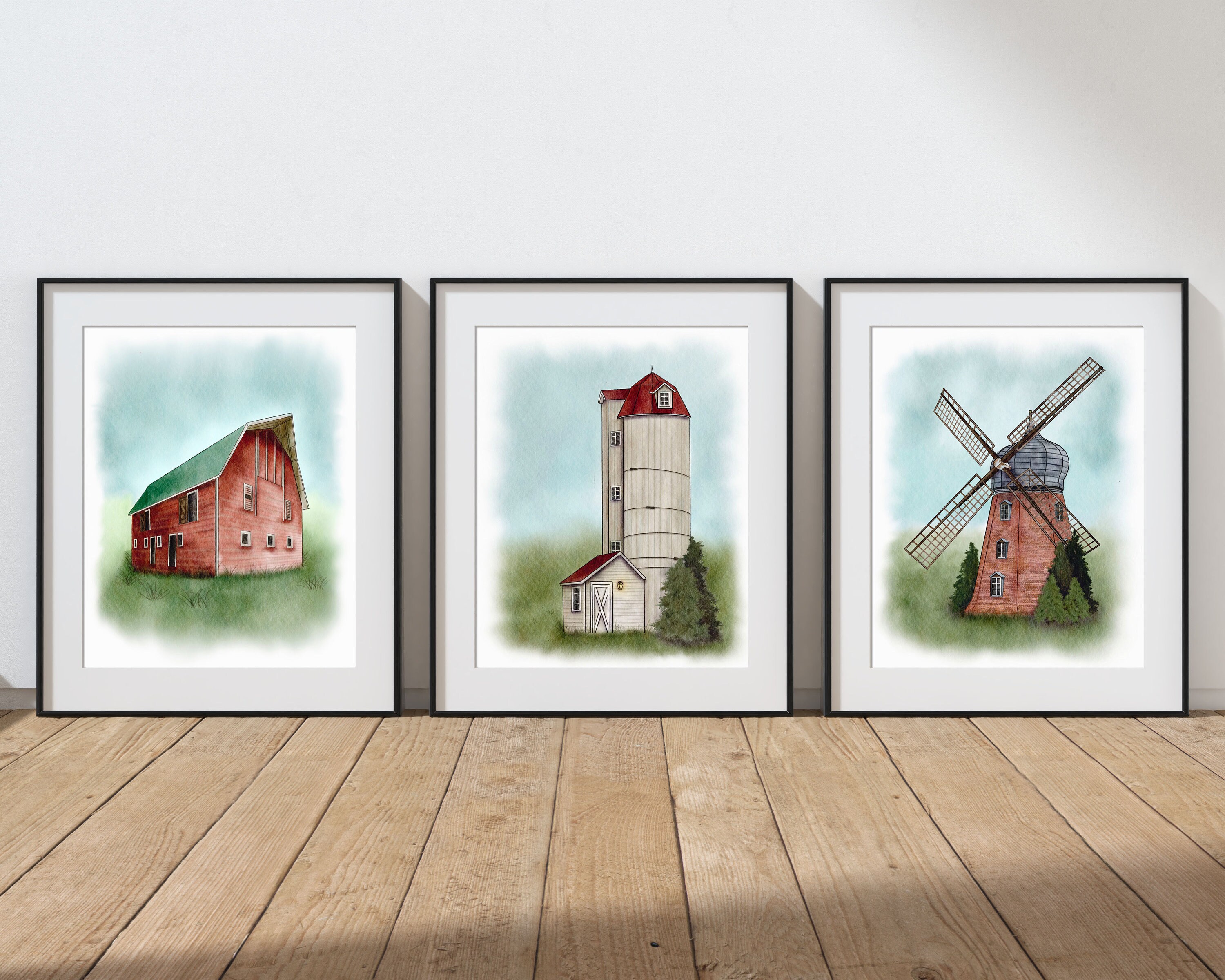 Watercolor Barn Silo and Windmill Prints SET OF ALL 3 | Etsy