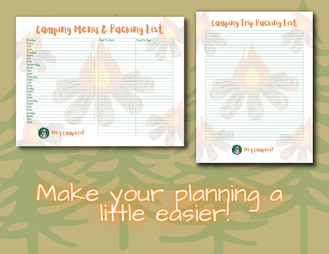 Digital Download PRINTABLE Camping Menu Planner and Packing List, RV ...