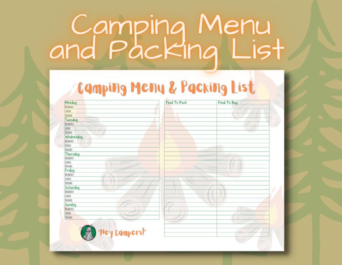 Digital Download PRINTABLE Camping Menu Planner and Packing - Etsy