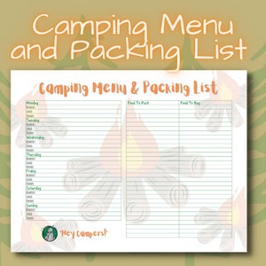 Digital Download PRINTABLE Camping Menu Planner and Packing List, RV ...