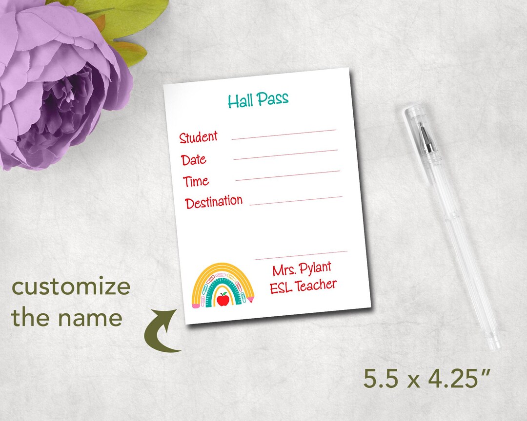 Personalized School Teachers Hall Pass Notepad, Teacher Stuff, Rainbow ...