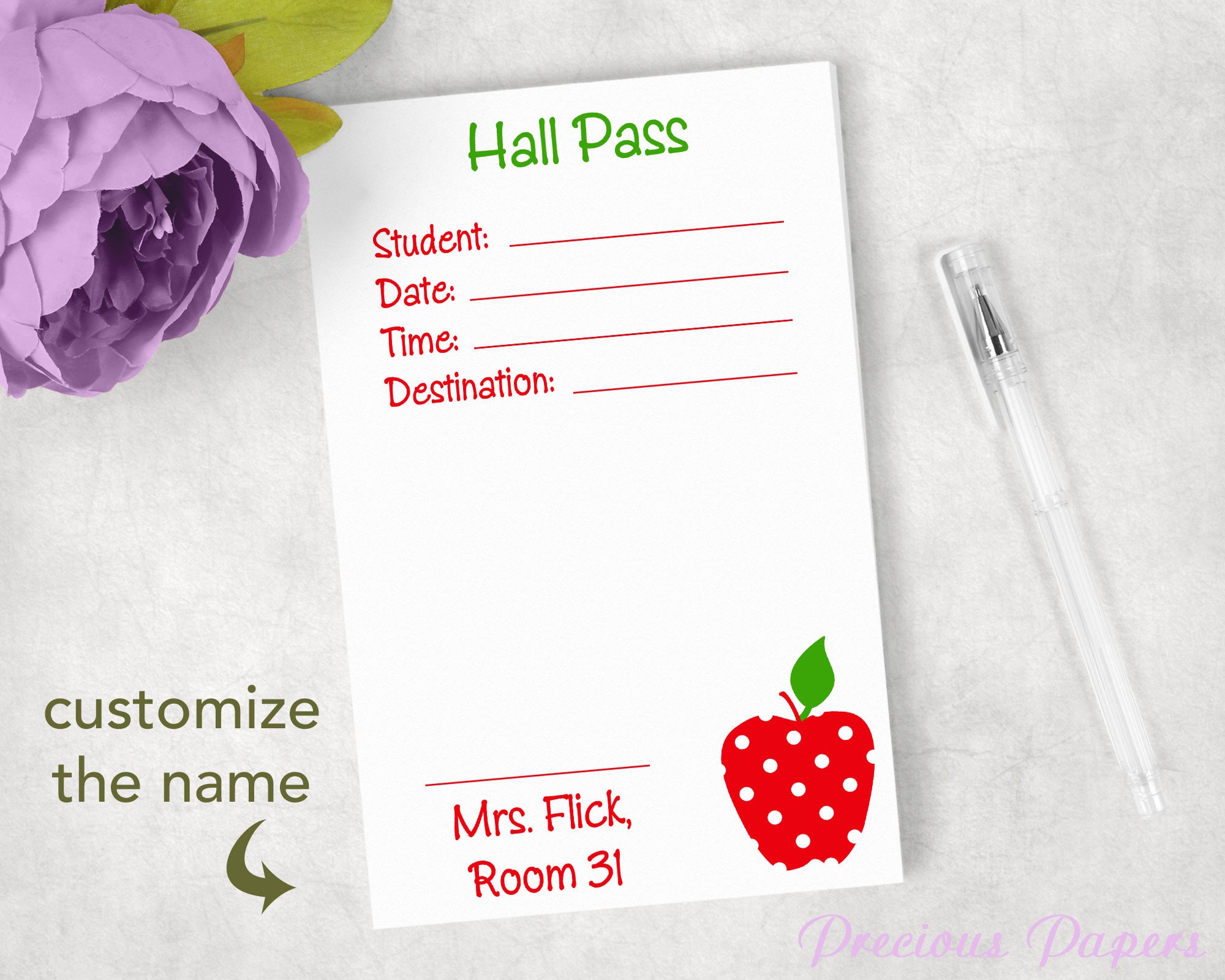 Personalized Teachers Hall Pass Notepad Hall Pass Notes Hall | Etsy