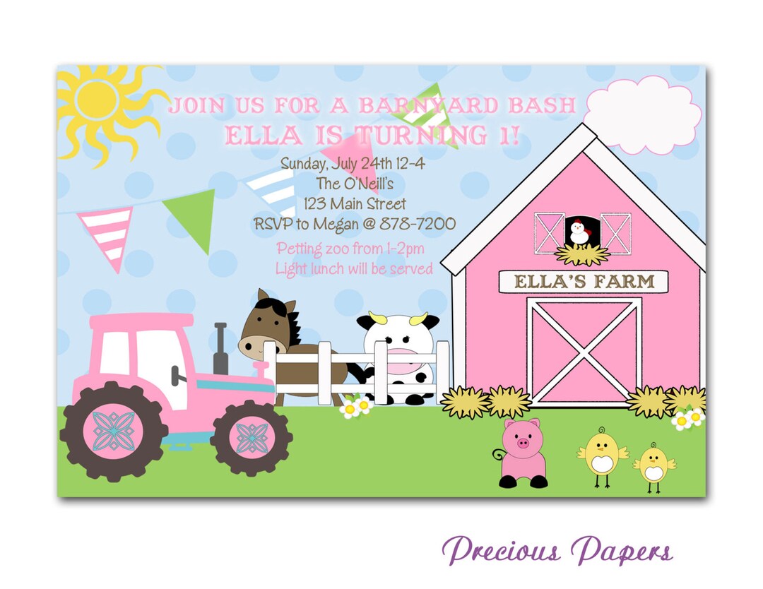 Digital Farm Birthday Invitations Girls Pink Farm Birthday Party ...