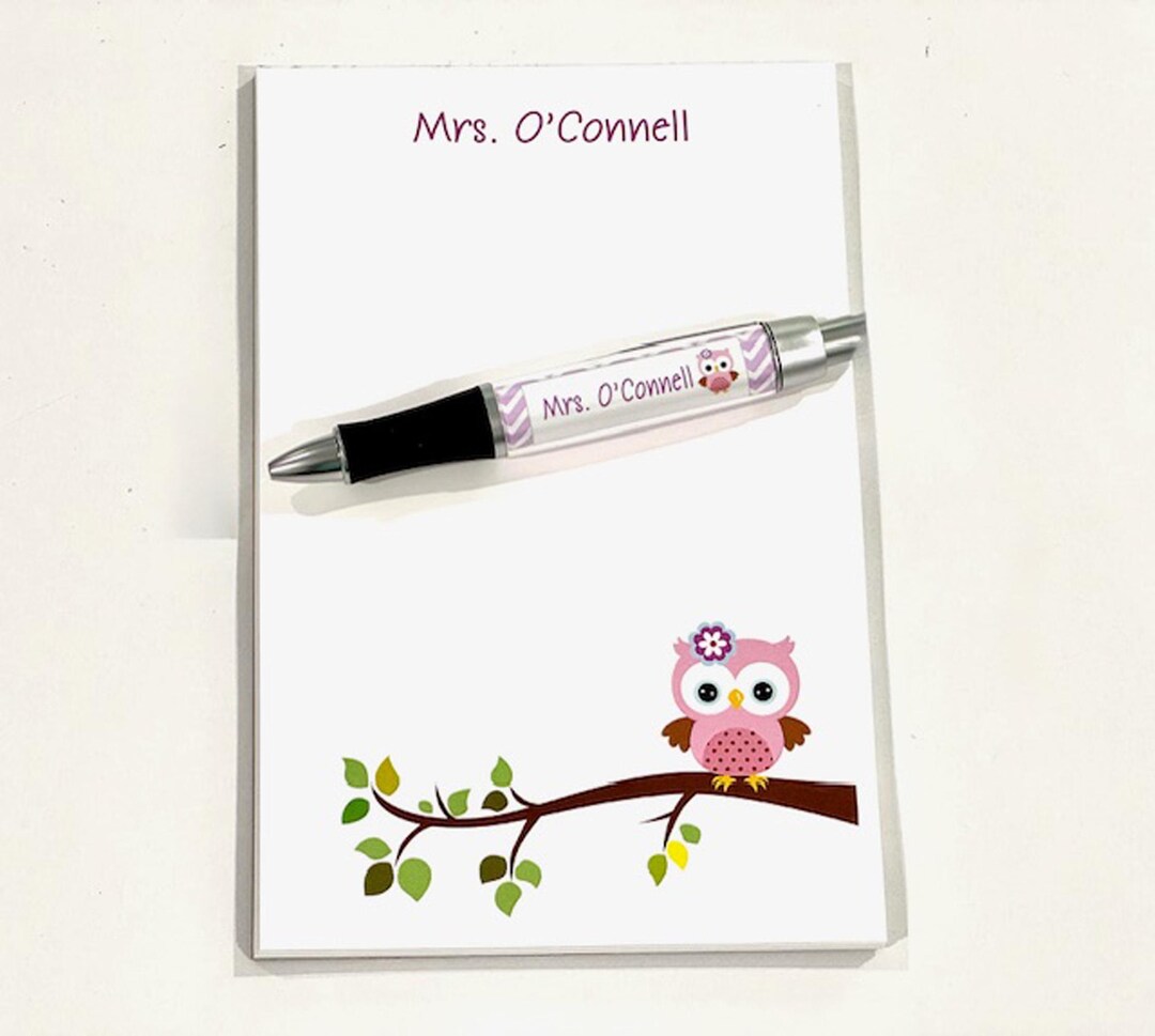 Custom Owl Notepad and Pen Set, Personalized Pink Owl Pen and Notepad ...