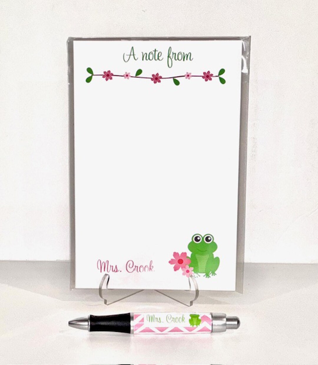 Personalized Pink and Green Frog Notepad and Custom Frog Pen Set, Frog ...