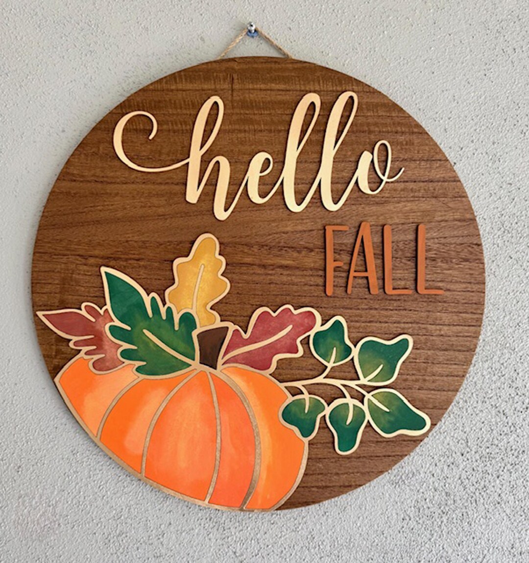 Fall Door Hanger, 18" Wood Round Sign, Hello Fall Front Porch Decor ...