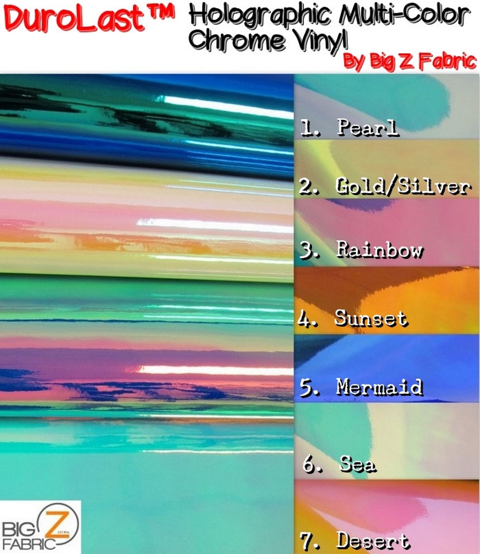 Durolast™ Holographic Multi-color Chrome Vinyl Fabric - 7 COLORS - by ...
