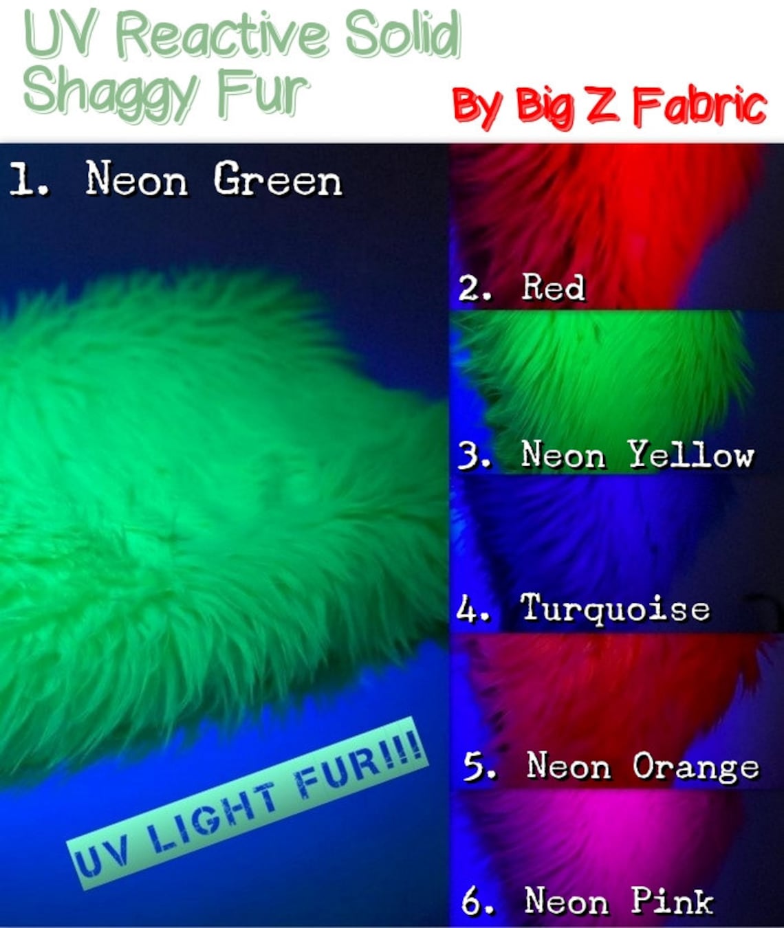 UV Reactive Solid Shaggy Faux Fur Fabric 6 COLORS Sold by - Etsy