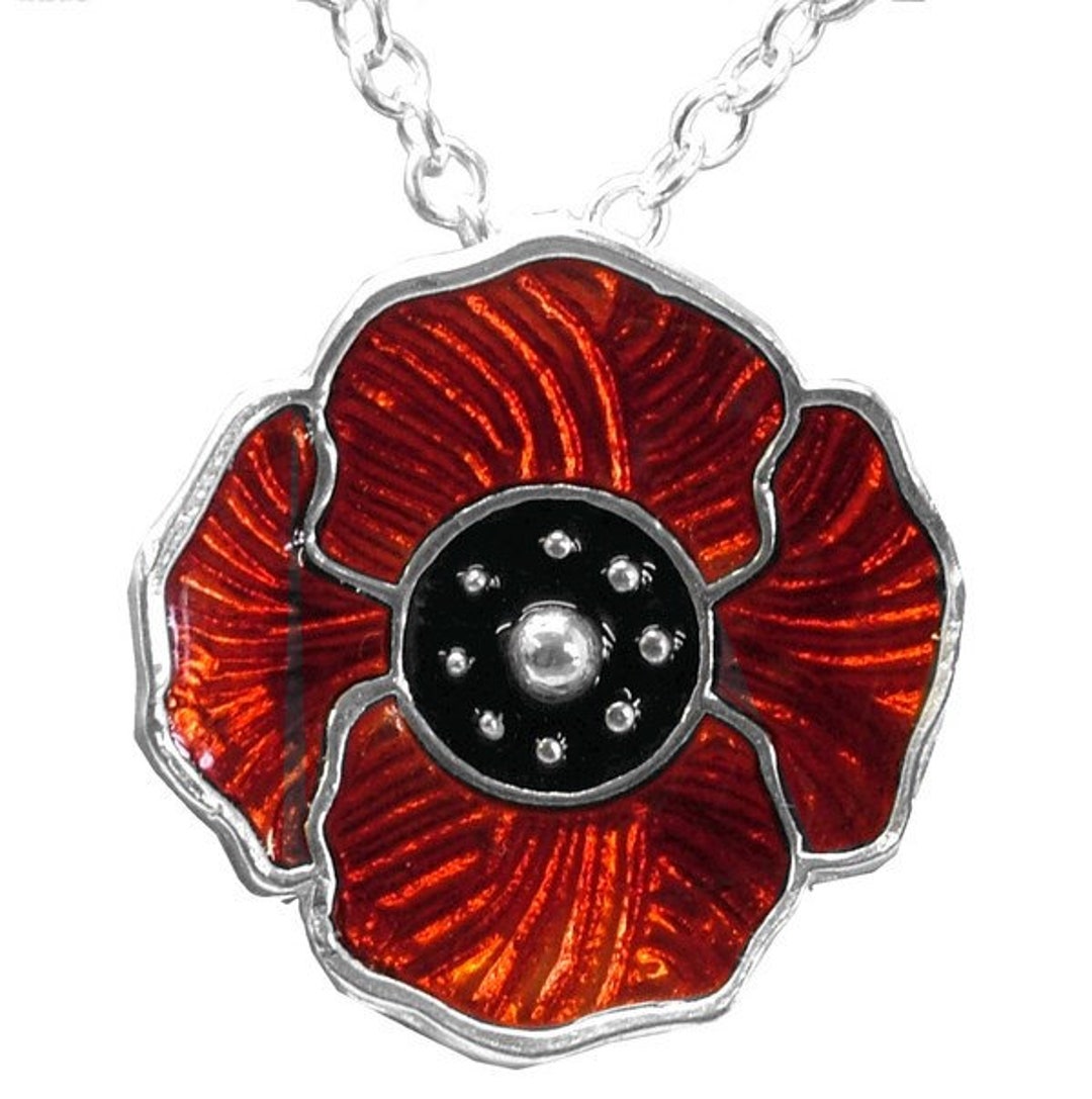 Sterling Silver Enamelled Poppy Pendant & Chain, Flower Pendant, Poppy ...