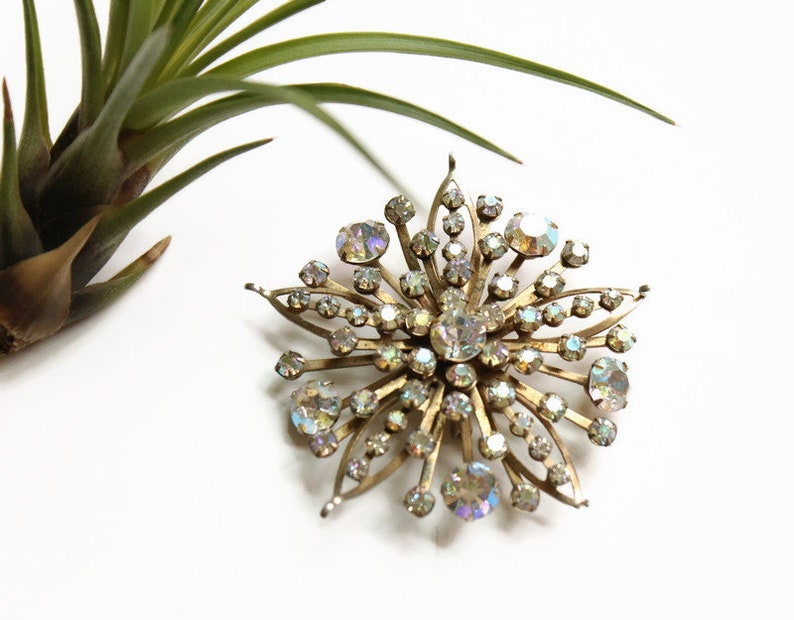 Vintage Rhinestone Starburst Brooch - Prong Set - AB Stones - Mid ...