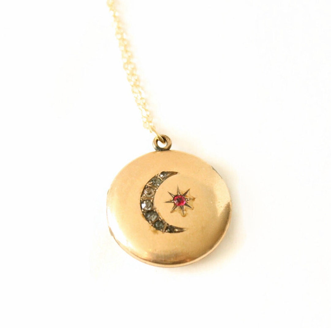 Antique Victorian Star Moon Locket Gold Filled Necklace - Crescent Moon ...