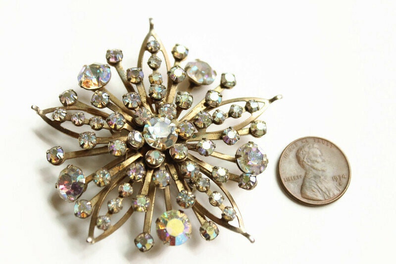 Vintage Rhinestone Starburst Brooch - Prong Set - AB Stones - Mid ...
