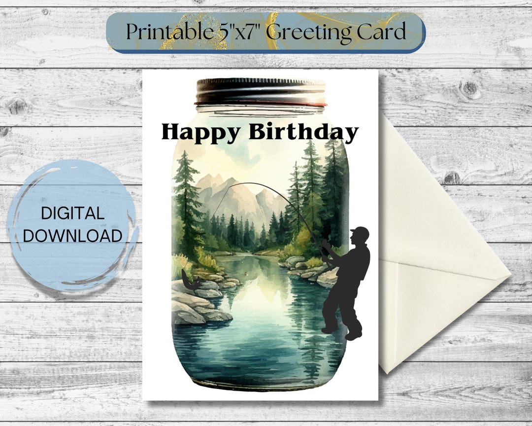 Digital Birthday Card for Him, Printable Nature Card, Fishing Birthday ...